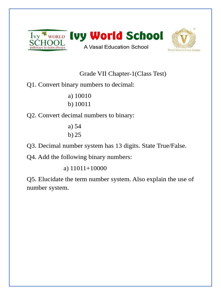 Grade VII Chapter 1 Test Class | PDF