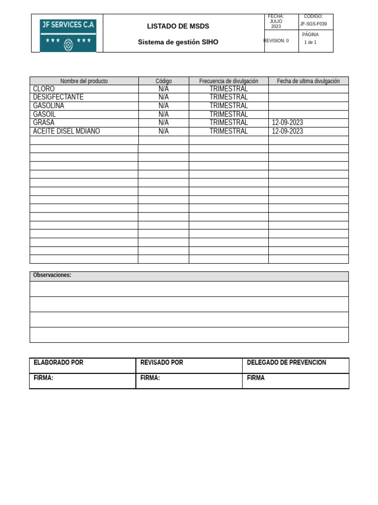 Jf-sgs-f039 Listado de Msds | PDF