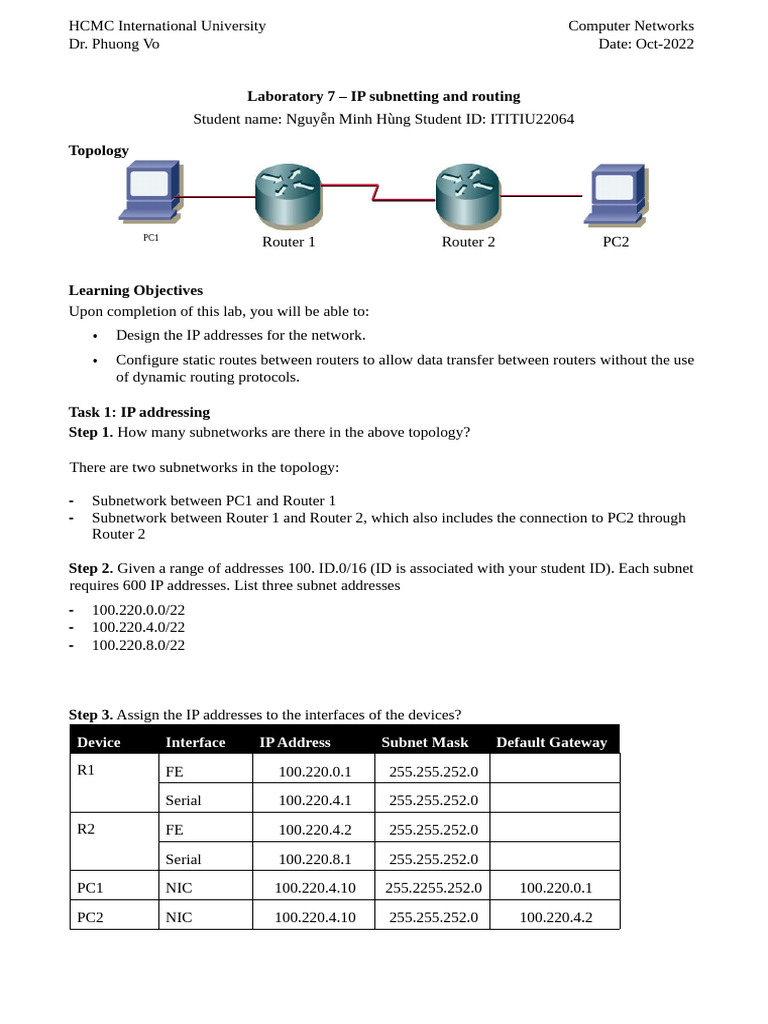 Lab 6 - IP Subneting and Routing (02 Routers) | PDF | Ip Address | Router (Computing)