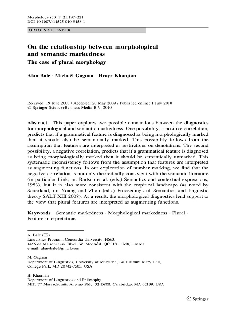 Bale Et Al 2011 On The Relationship Between Morpho and Semantic Markedness | PDF | Grammatical ...