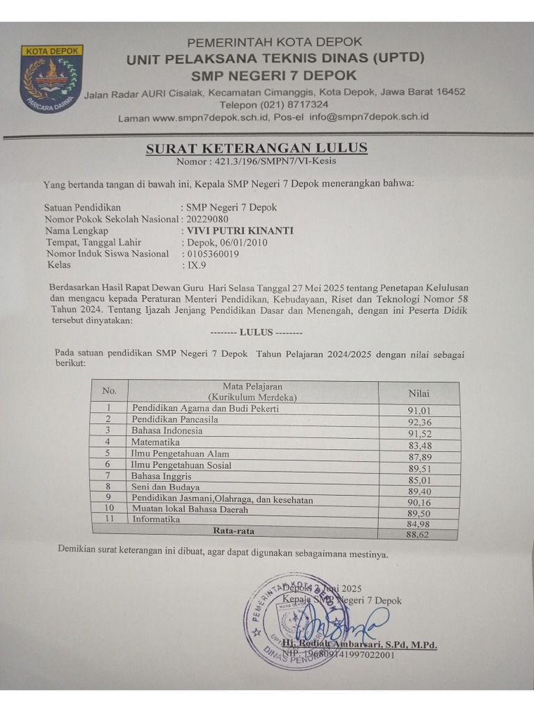 Surat Keterangan Lulus | PDF