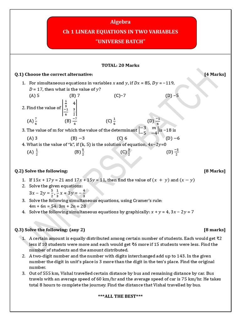 Linear Equations in Two Variables (20 Marks) | PDF | Equations | System ...
