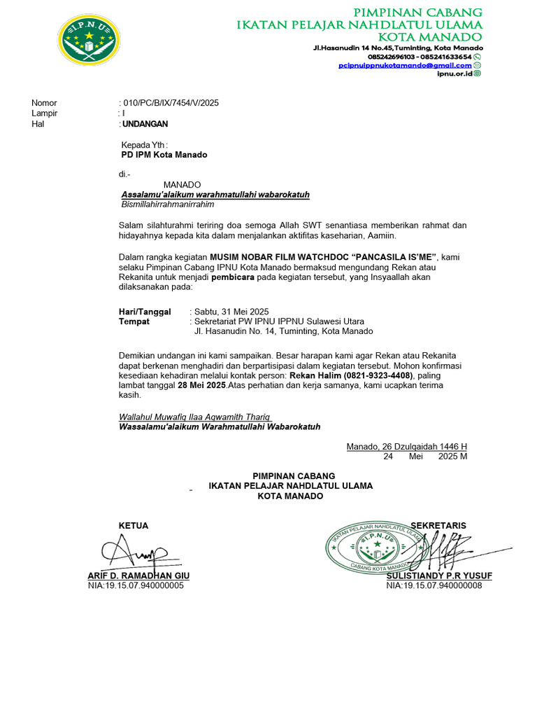 010.undangan PD Ipm Kota Manado | PDF