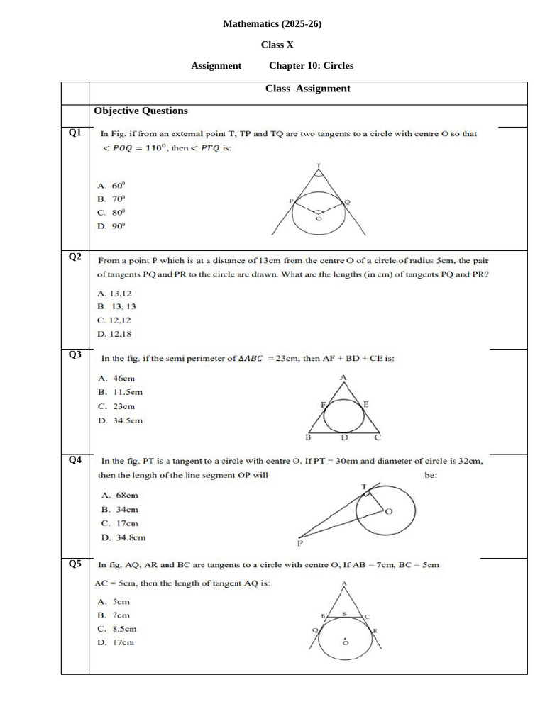 Class X CH Circles Assignment 2025-26 | PDF | Circle | Elementary ...