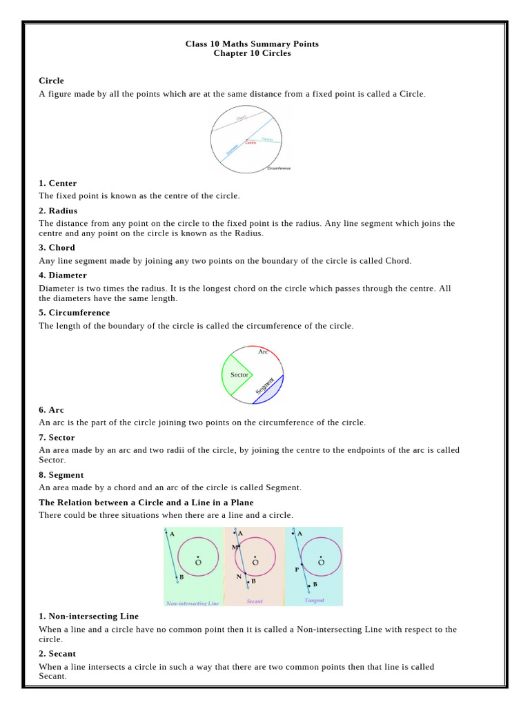 Class 10 Circles Summary Points | PDF | Circle | Perpendicular