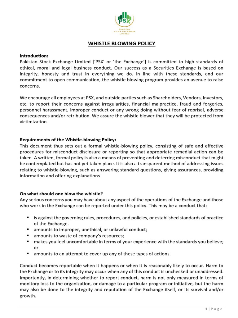 Whistle Blowing Policy PSX | PDF | Crimes | Crime & Violence
