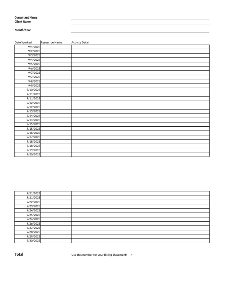 September 2023 Consultant Time Sheet | PDF