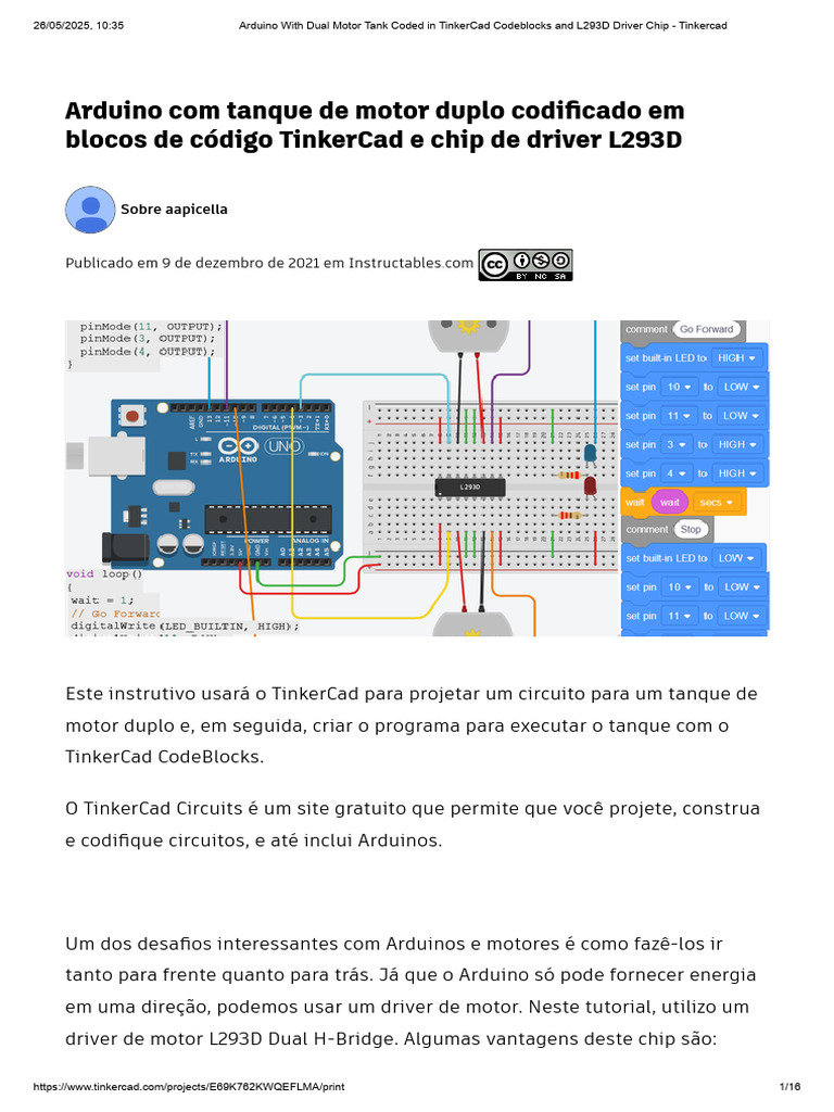Arduino With Dual Motor Tank Coded in TinkerCad Codeblocks and L293D Driver Chip - Tinkercad ...