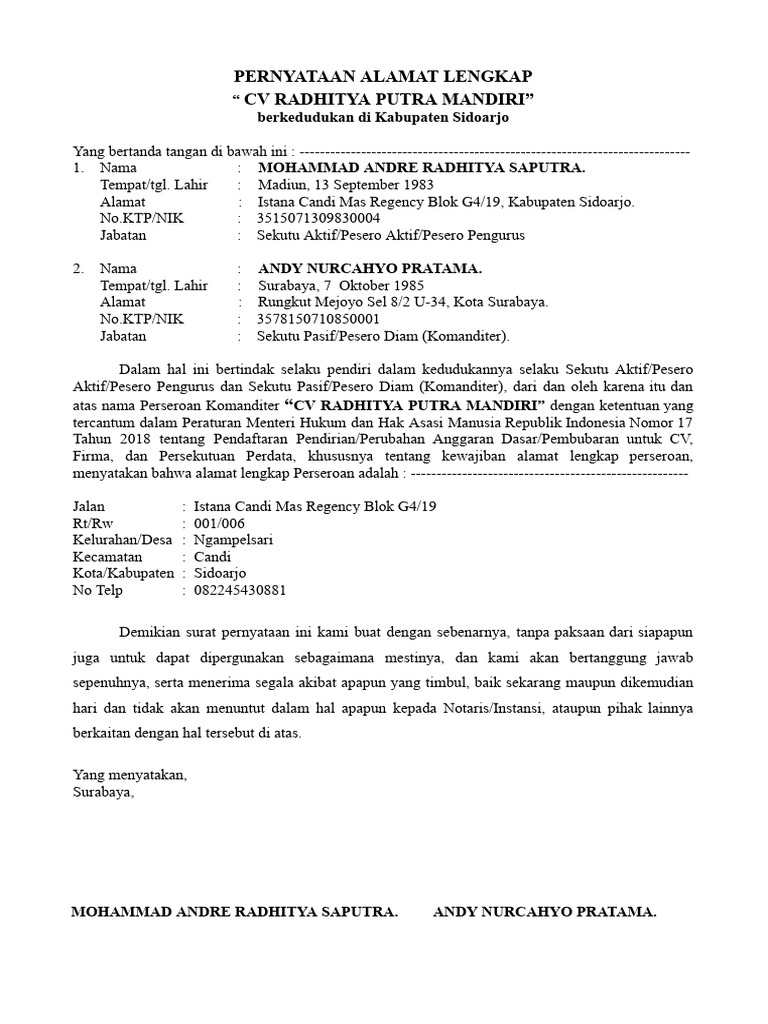 Pernyataan Alamat CV Radhitya Putra Mandiri | PDF