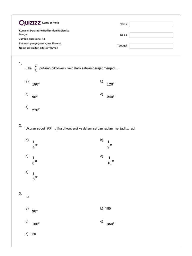 Quizizz - Konversi Derajat Ke Radian Dan Radian Ke Derajat | PDF
