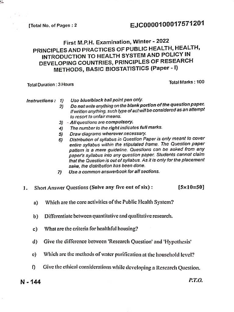 MPH First Year Question Paper | PDF