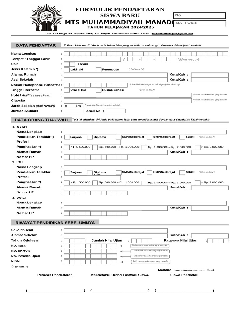 Form Pendaftaran Mts | PDF