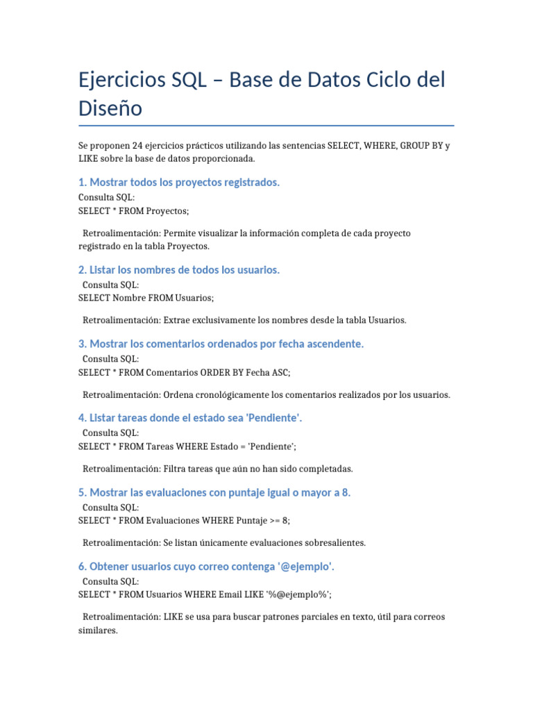 Ejercicios SQL CicloDiseno 24 Ejercicios | PDF | SQL | Gestión de datos