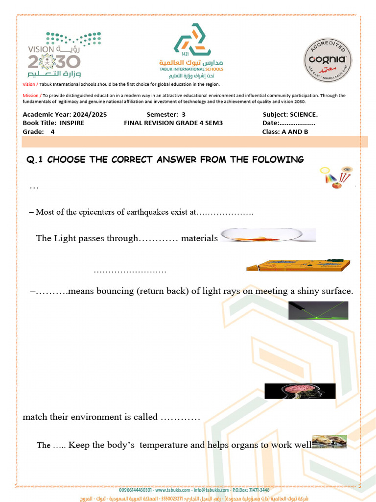 Science Final Revision Grade 4 Sem3 | PDF | Light | Reflection (Physics)