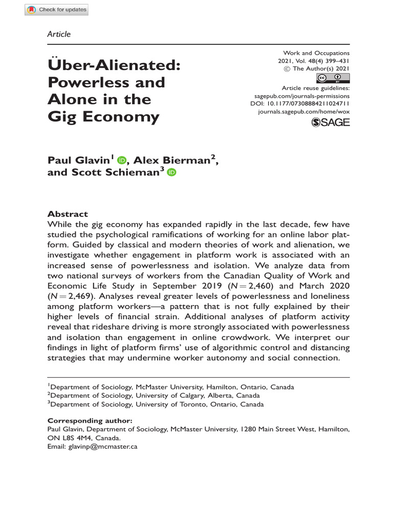 Glavin Et Al 2021 Uber Alienated Powerless and Alone in The Gig Economy ...