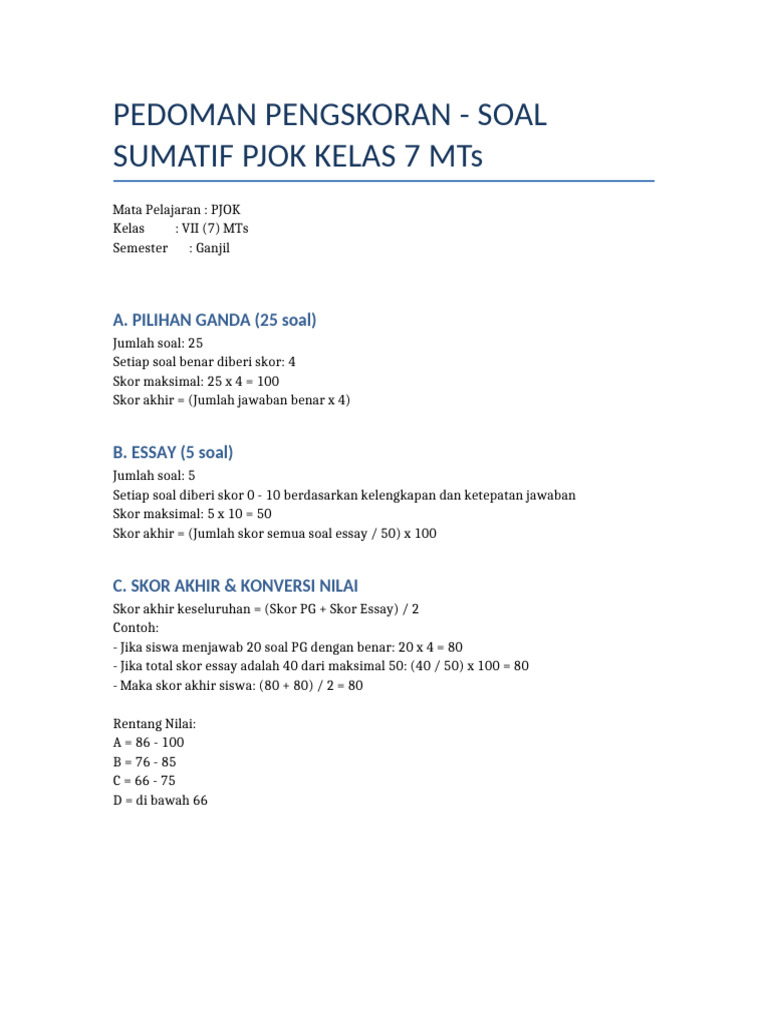 Pedoman Pengskoran Soal PJOK Kelas7 | PDF