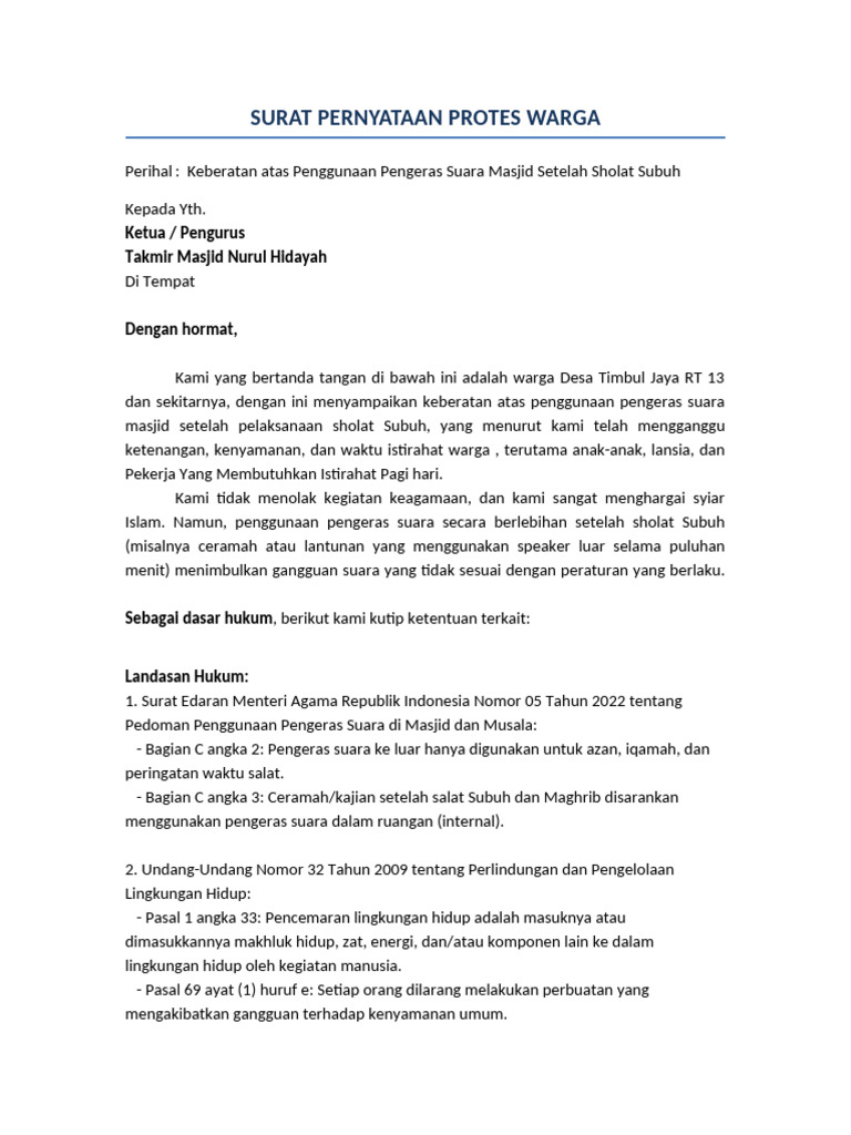 Surat Protes Warga Timbul Jaya | PDF