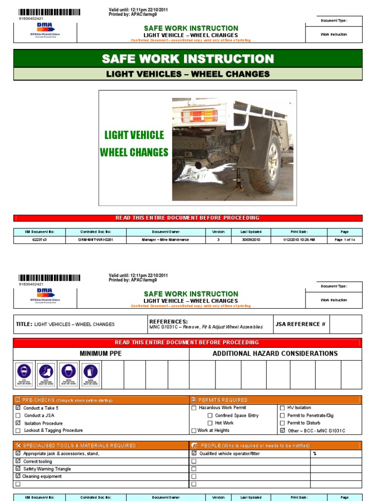 Light Vehicle Wheel Change Instructions | PDF | Risk | Vehicles