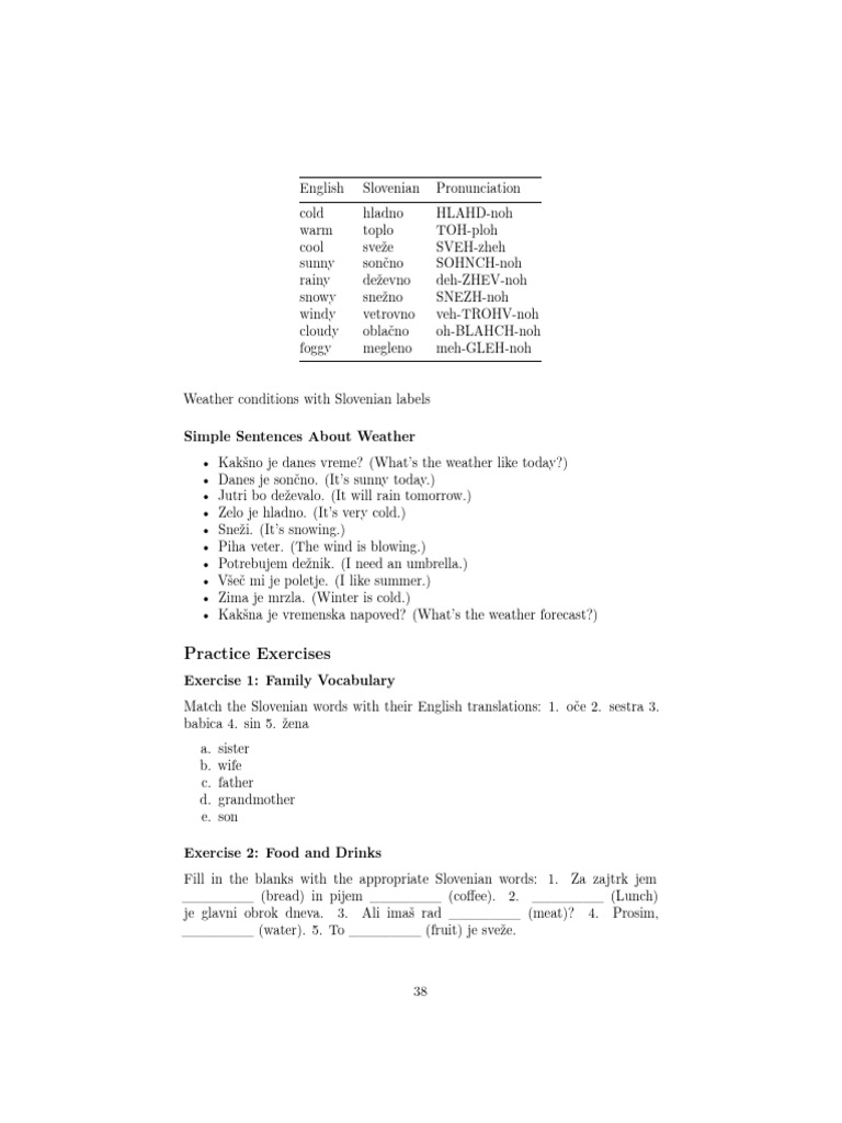 Slovenian Course Simple Sentences About Weather | PDF