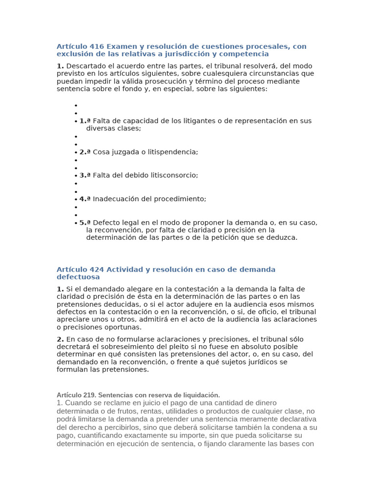 Artículo 416 Examen y Resolución de Cuestiones Pro | PDF | Demanda judicial | Judicaturas
