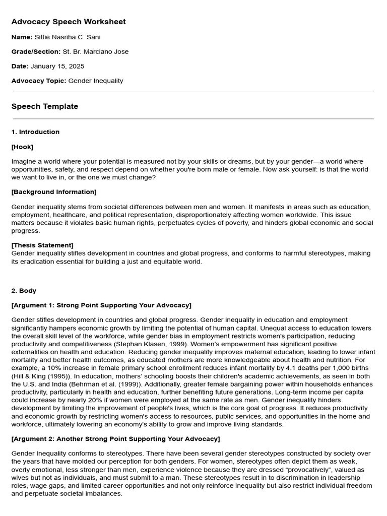 Advocacy Speech Worksheet | PDF | Gender Studies | Gender Inequality