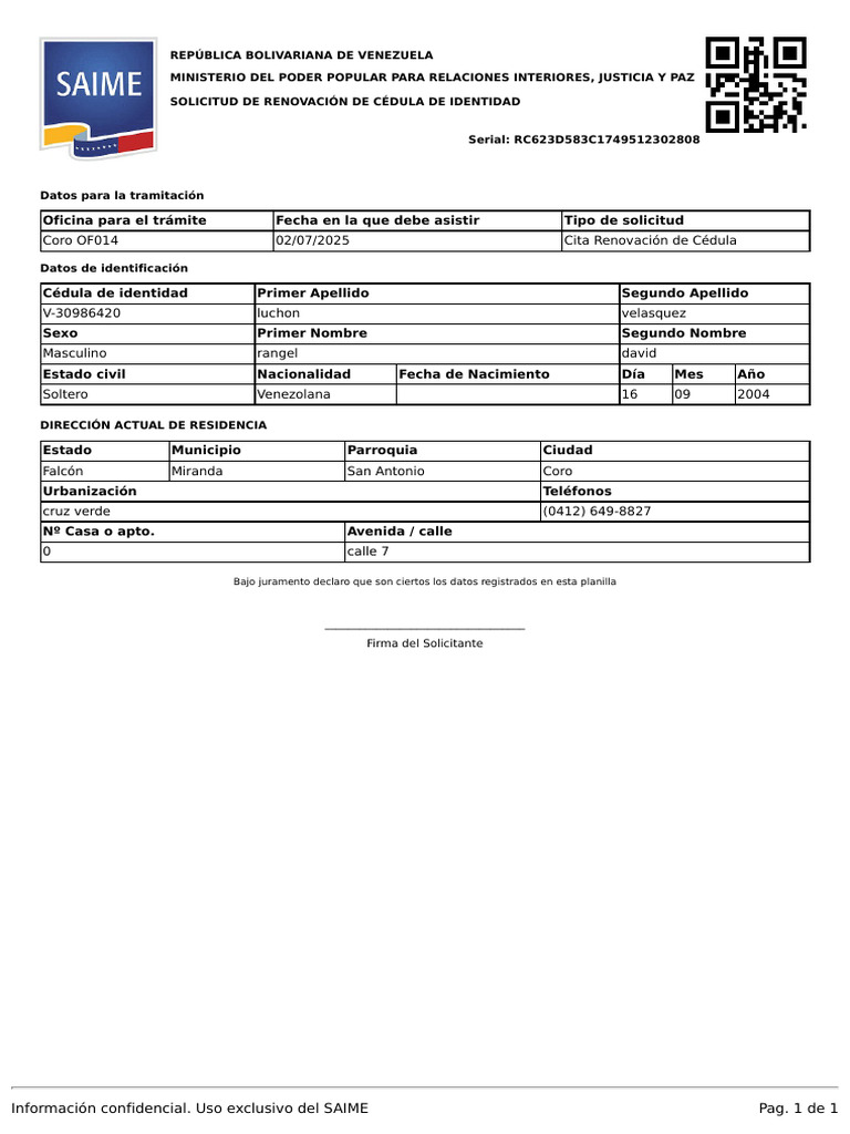 Coro OF014 02/07/2025 Cita Renovación de Cédula: Pag. 1 de 1 Información Confidencial. Uso ...