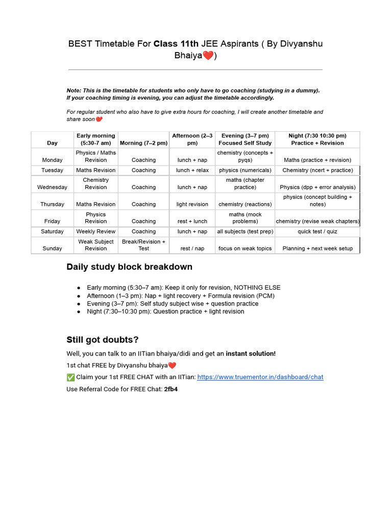BEST Timetable For Class 11th JEE Aspirants 2026 | PDF