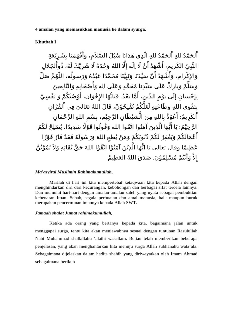 4 Amalan Yang Memasukkan Manusia Ke Dalam Syurga 1 | PDF