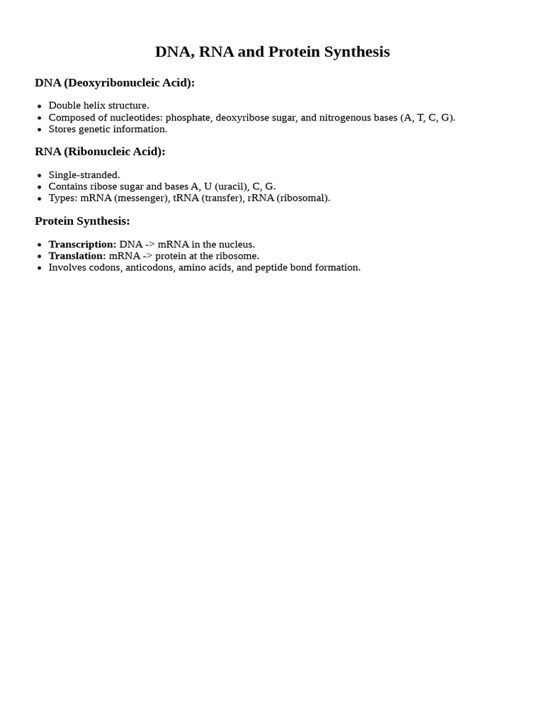 DNA, RNA and Protein Synthesis | PDF