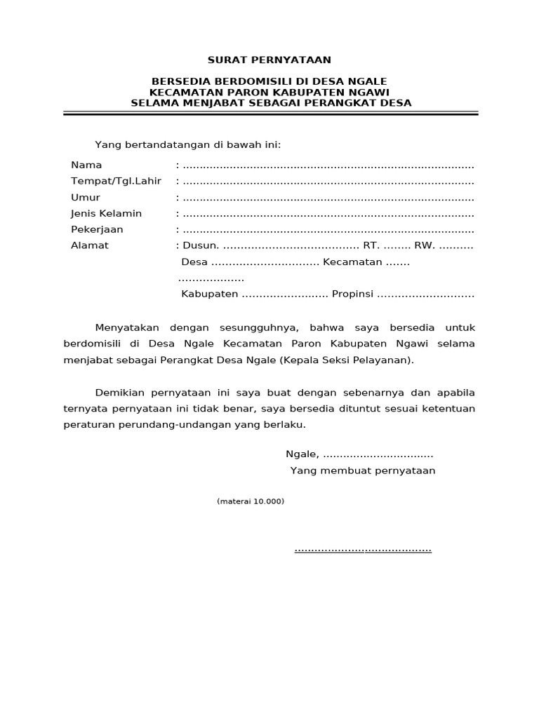 Surat Pernyataan Siap Berdomisili | PDF