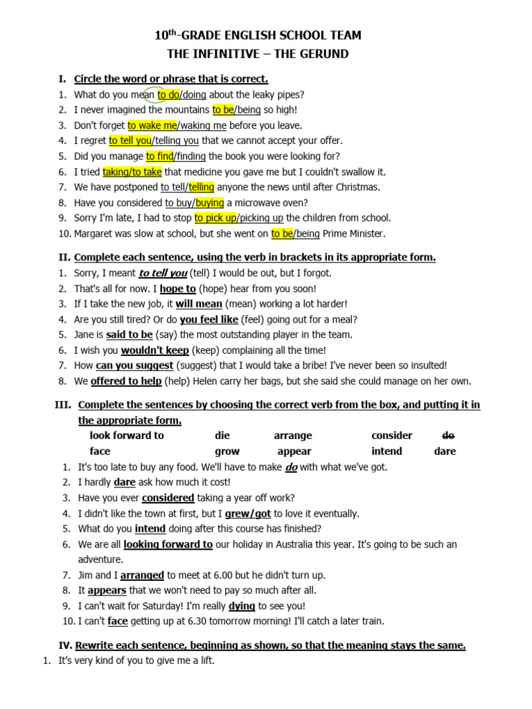 Infinitive Gerund Exercises Key | PDF