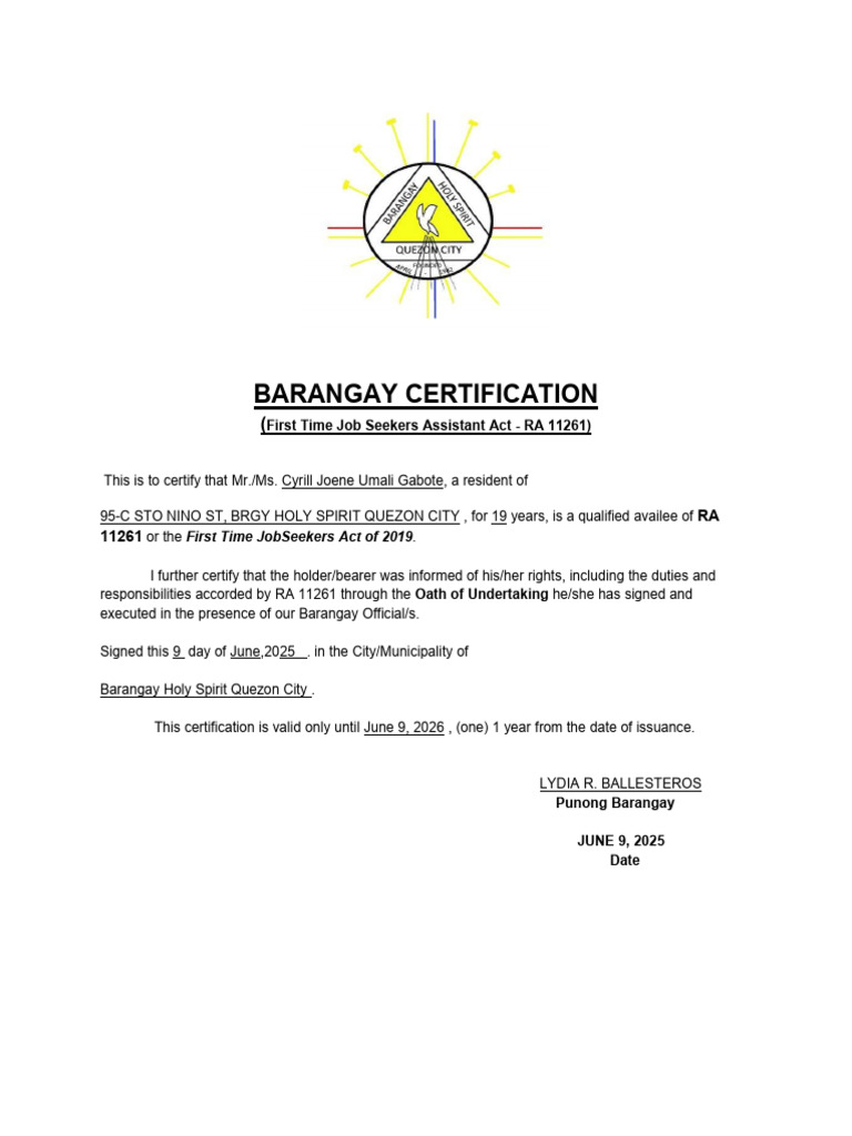 Barangay Certification Template - Docs | PDF