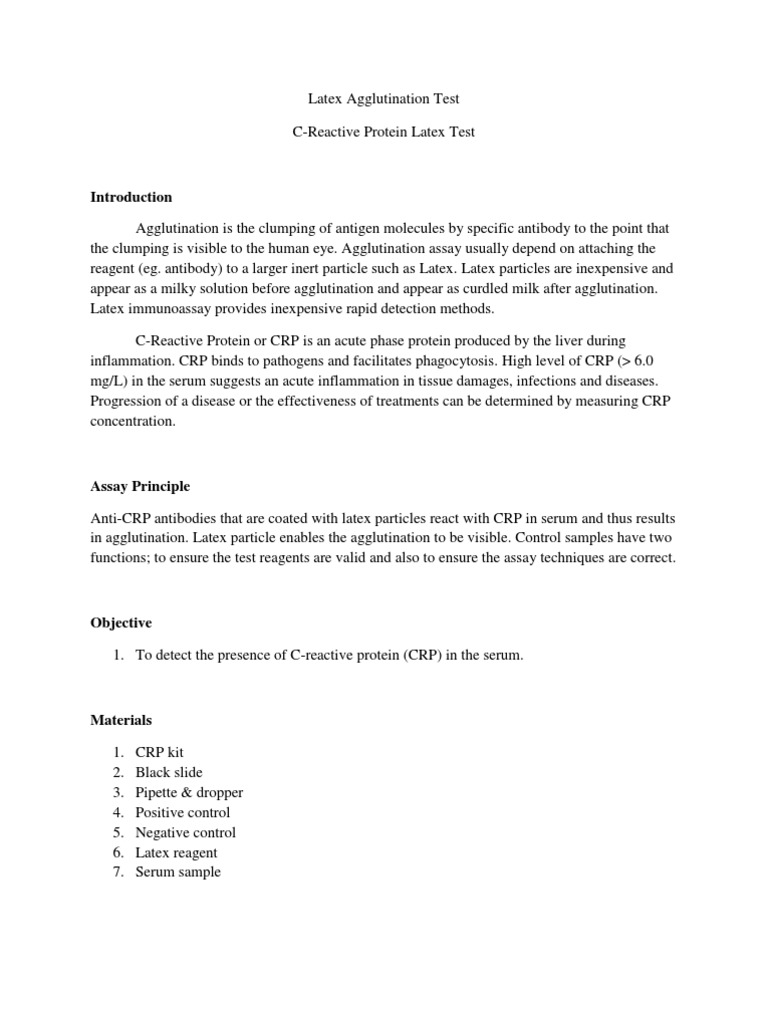 CRP Latex Agglutination Test Overview | PDF | C Reactive Protein ...