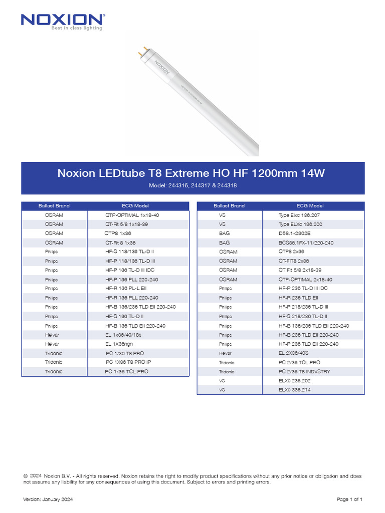 Noxion Avant LEDtube T8 Extreme HO HF 1.2m ECG Compatible List New ERP ...