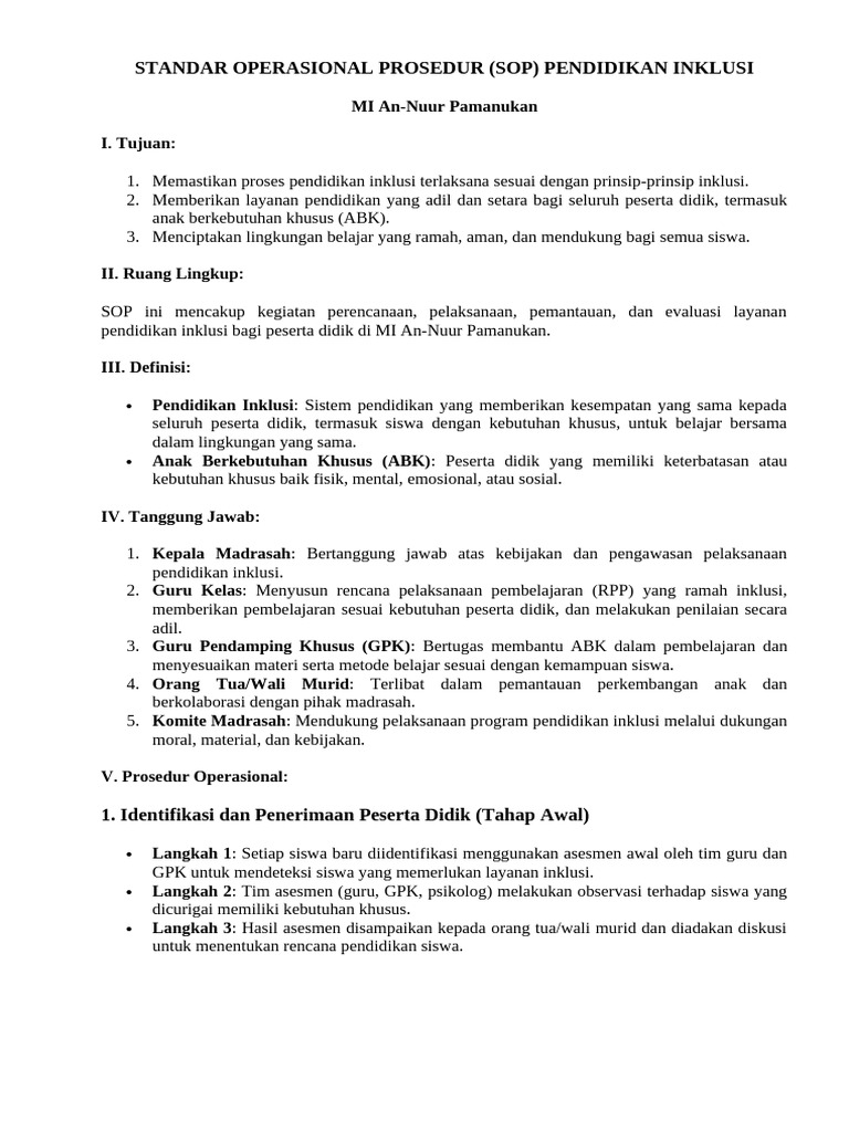 SOP Pendidikan Inklusi MI An-Nuur | PDF