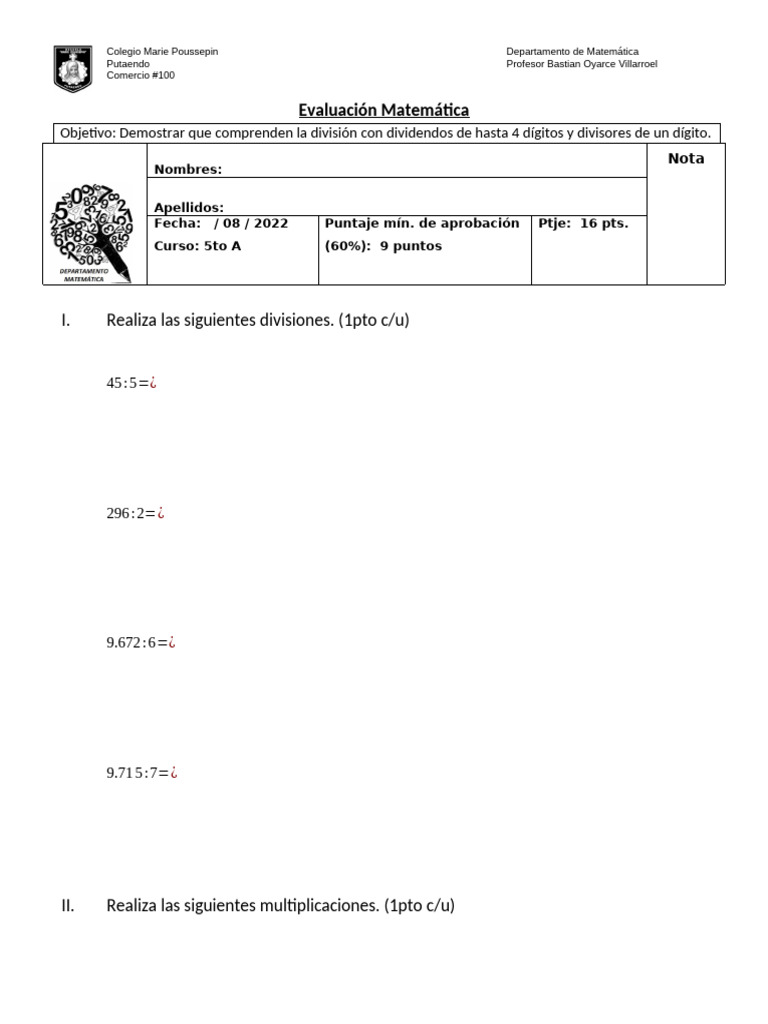 Evaluación Matemática 5to A Operatoria Combinada | PDF