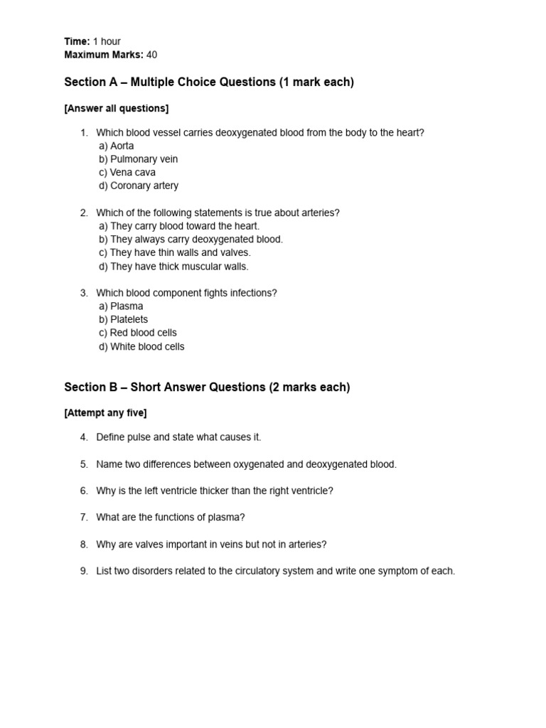Circulatory System Exam Questions | PDF