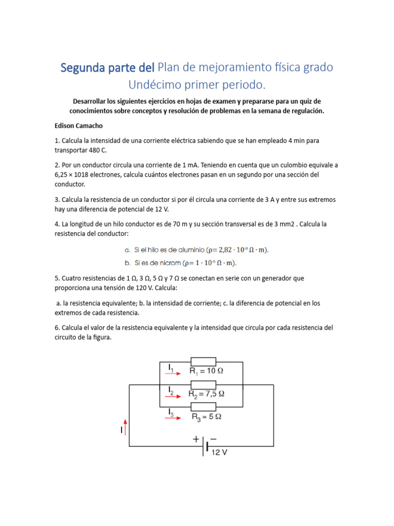 Segunda Parte Del Plan de Mejoramiento F-Sica Grado Und-Cimo Primer Periodo | PDF | Corriente ...