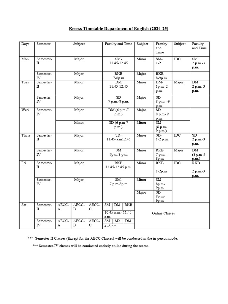 Recess Timetable Department of English Edited | PDF