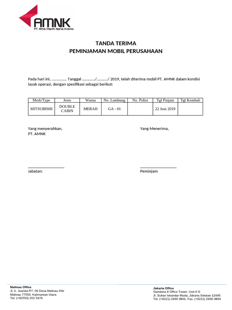 Form Peminjaman Mobil Perusahaan | PDF
