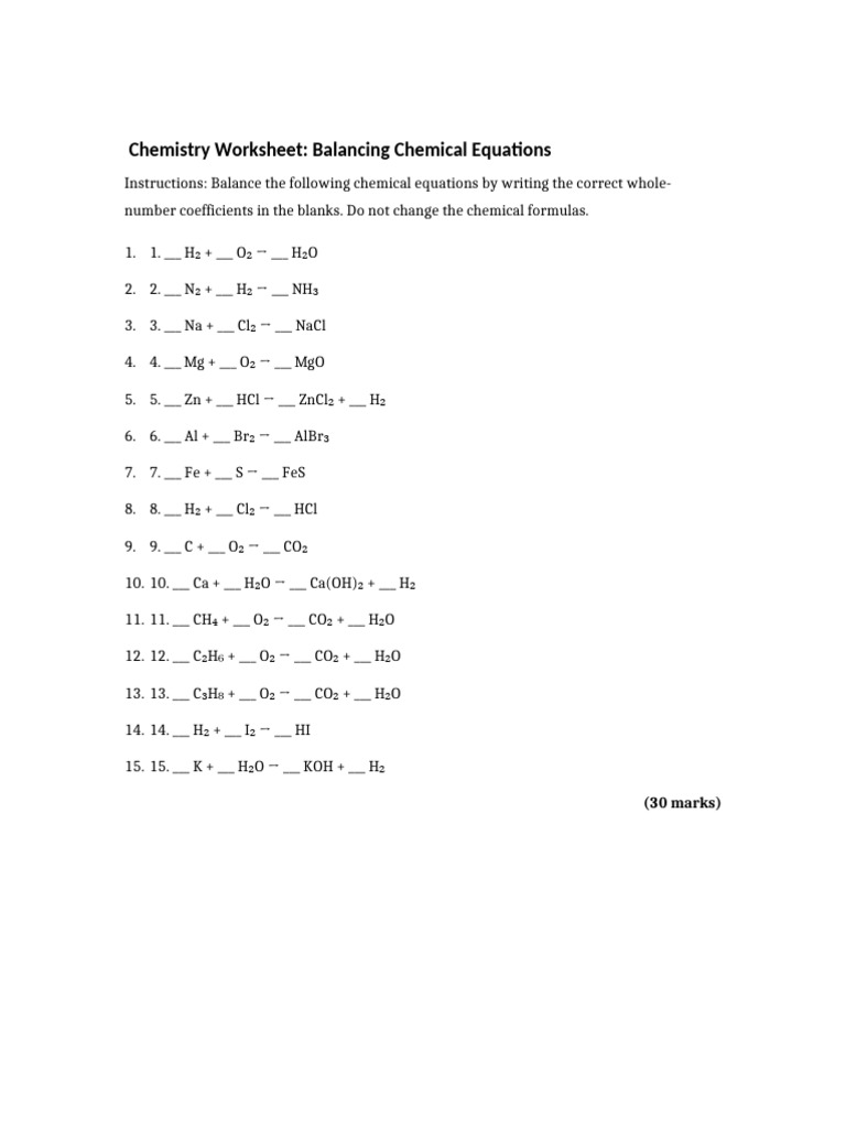 Chemical Equations Worksheet | PDF
