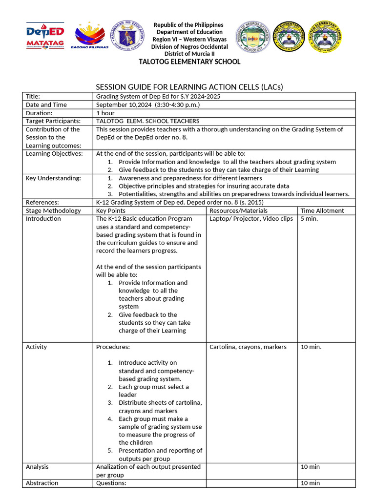 LAC Session on Grading System Sept.2024 | PDF | Teachers | Learning