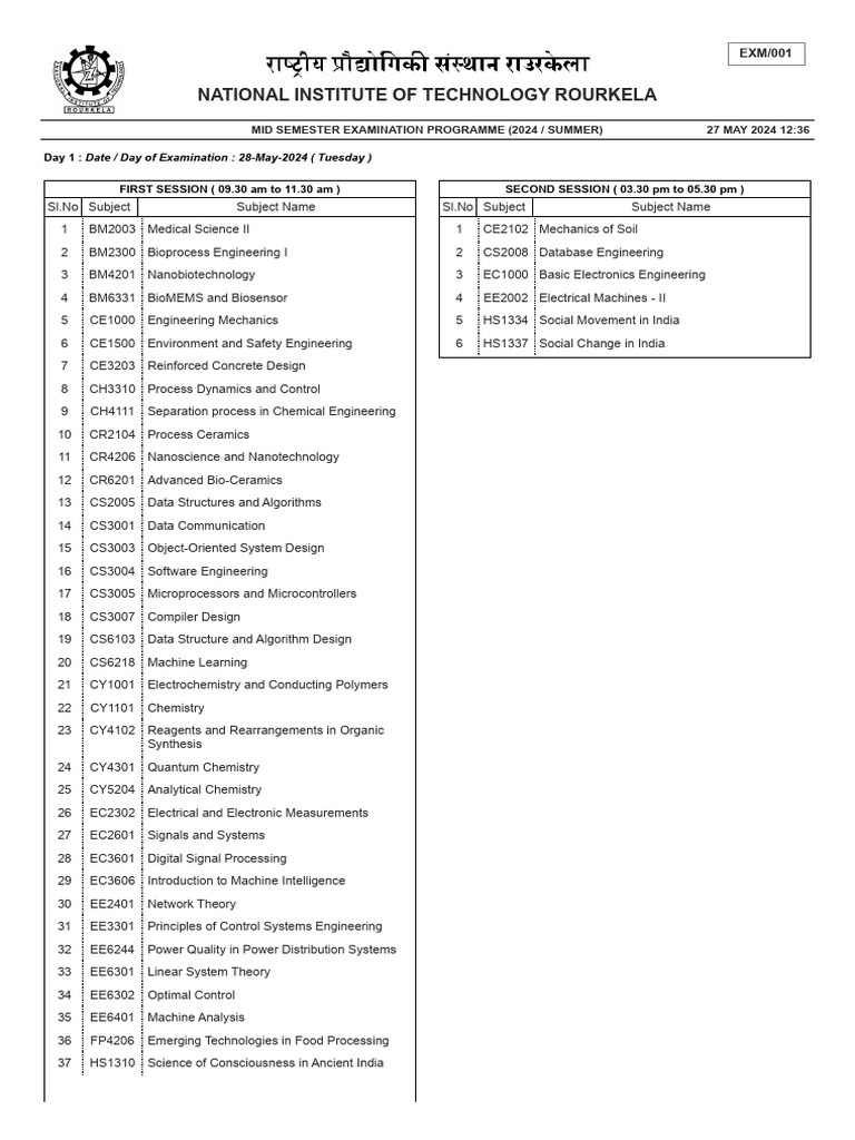 FinalScheduleMid SemSummer2024 | PDF | Engineering | Physics
