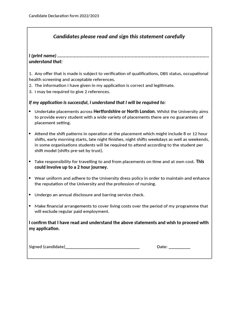 NHS Declaration Candidate Form 2023 2024 | PDF