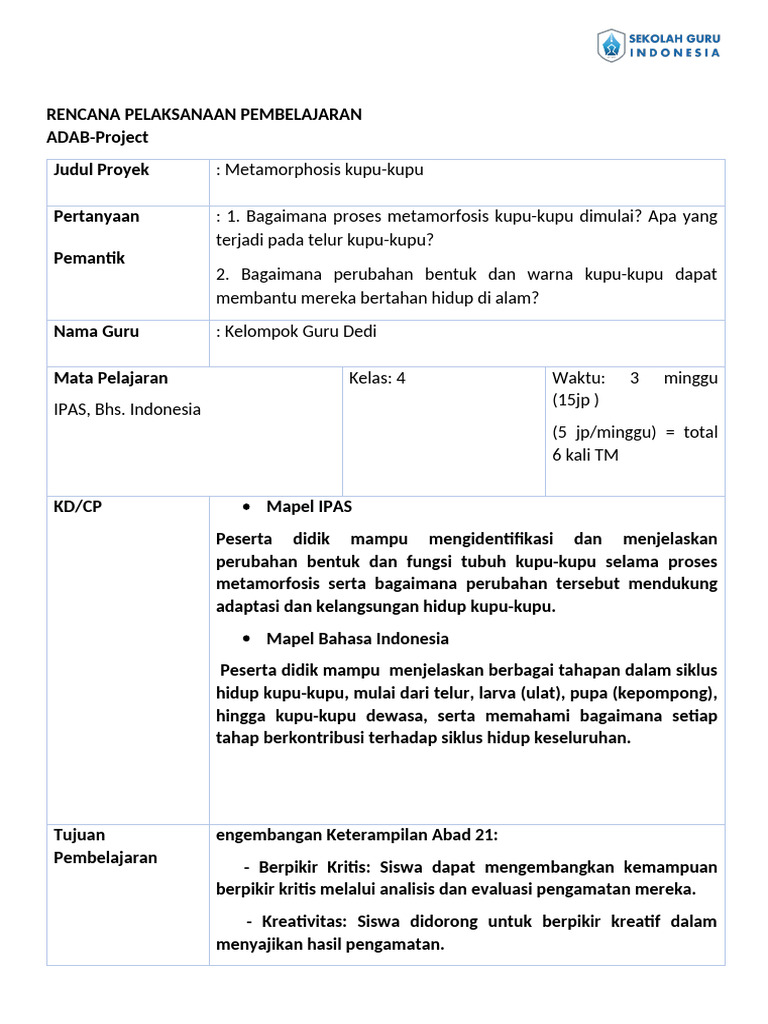 RPP 1 Lembar ADAB Project Kelompok Guru Dedi | PDF
