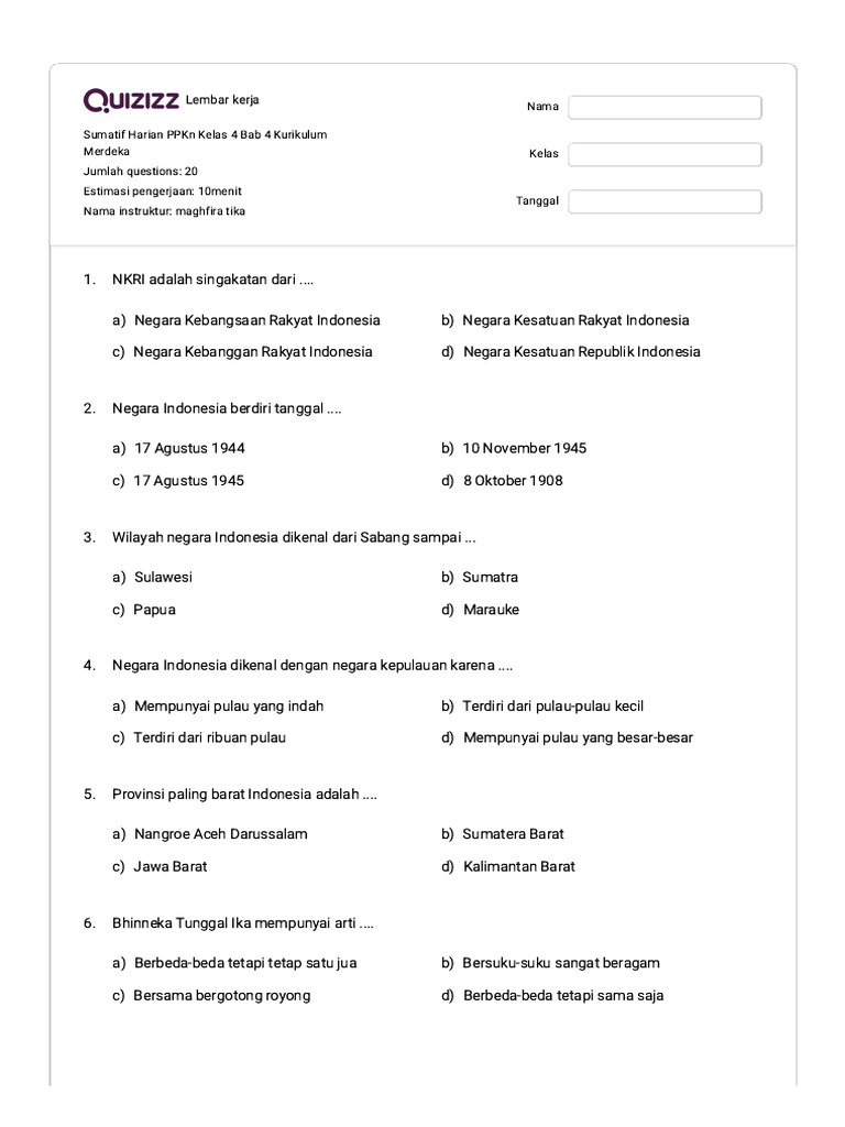 Sumatif Harian PPKN Kelas 4 Bab 4 Kurikulum Merdeka - Quizizz | PDF
