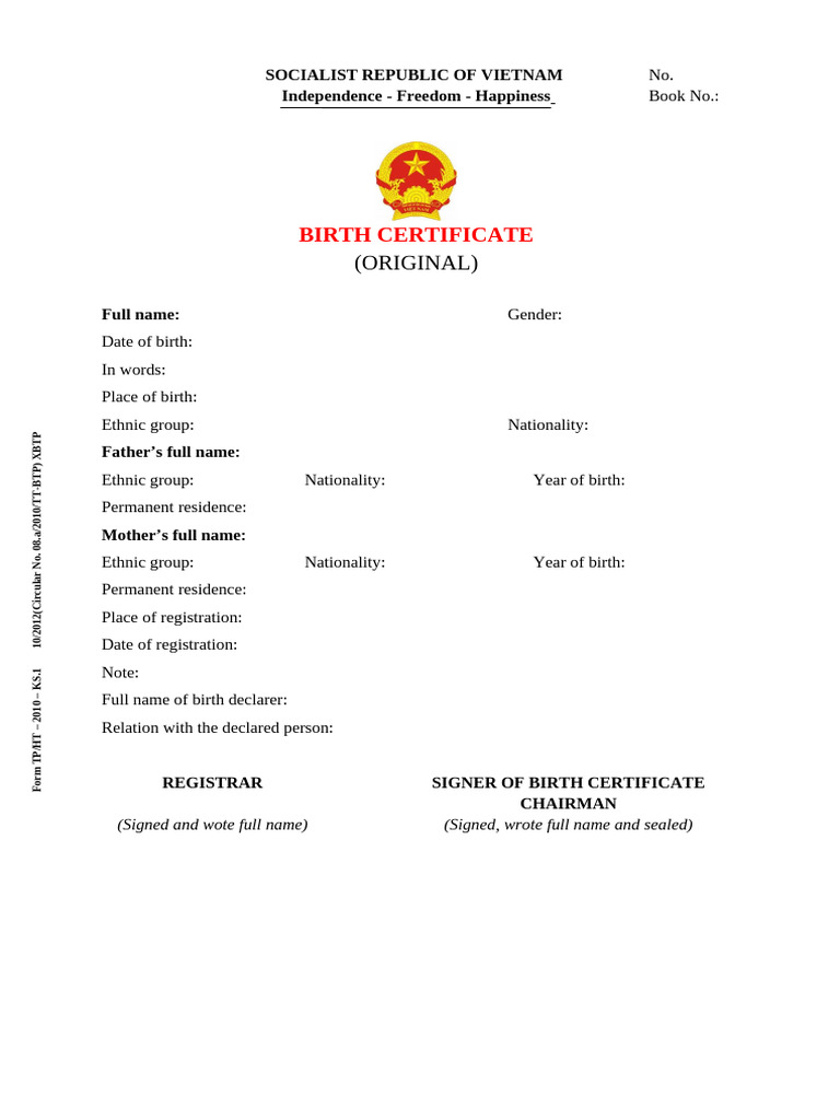 Giay Khai Sinh Form TPHT–2010 KS.1 | PDF