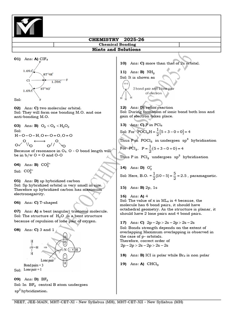Chemistry Bonding Solutions 2025-26 | PDF | Chemical Bond | Covalent Bond