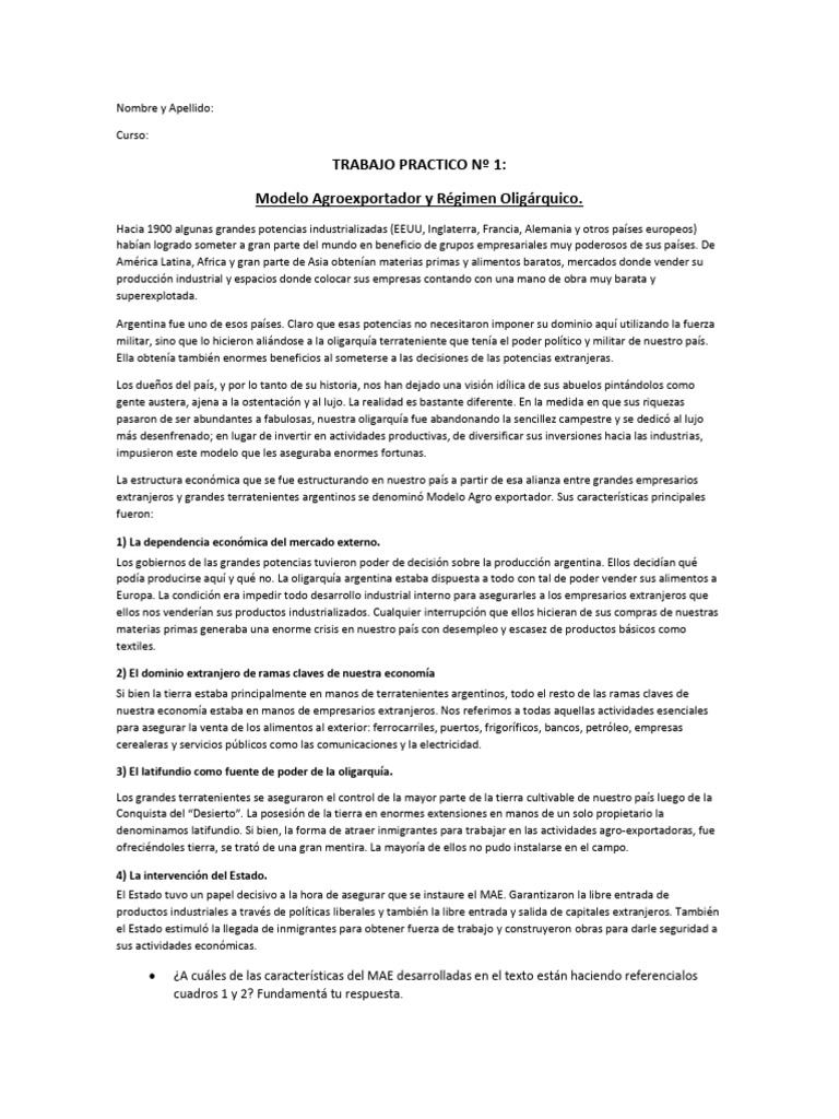 Trabajo Practico N - 1 Modelo Agroexportador - Regimen Oligarquico PDF | PDF | Argentina | Economias