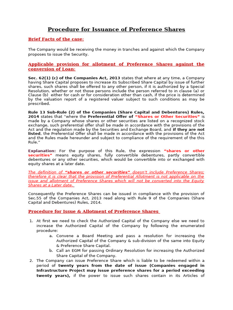 Procedure For Issuance of Preference Shares | PDF | Preferred Stock ...